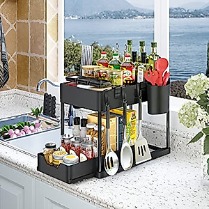 Under Sink Organizers 2 Pack, 2 Tier Sliding Under Bathroom Cabinet Storage Drawer Organizer with Hooks, Hanging Cup, Dividers for Bathroom, Kitchen Multi-Purpose, Under Sink Organizers and Storage
