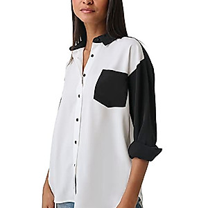Karl Lagerfeld Paris Women's Soft Long Sleeve Colorblock Everyday Fashion Sport Blouse, White Black, X-Small