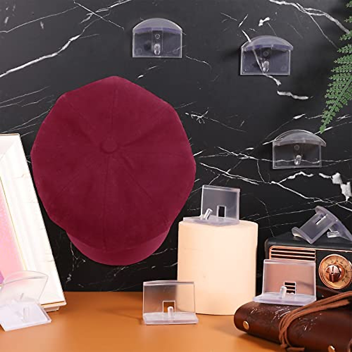 BESARME 12 Pack Hat Hangers for Wall, Minimalist Hat Rack Design, Strong Hat Hooks for Wall Hat Holder Adhesive Hat Organizer for Baseball Caps, No Drilling, Stocking Stuffers Gift for Men(Clear)