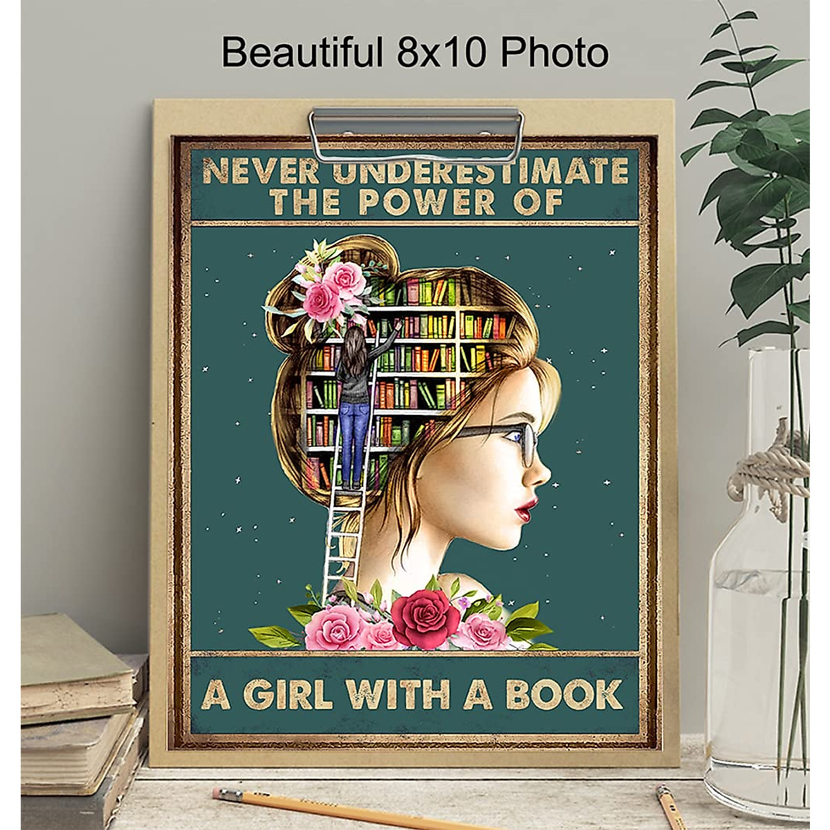 Inspirational Classroom Wall Art & Decor - Girls Bedroom - Never Underestimate A Girl With A Book - Positive Quotes - Girls Room - Girly Motivational Posters - Uplifting Encouragement Daughter Gifts