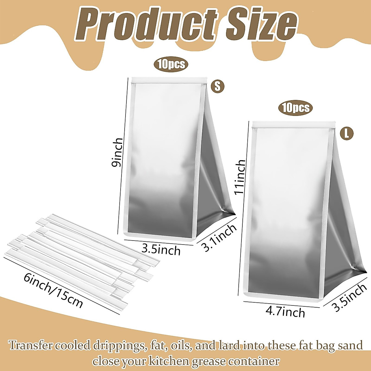 Droutti 20 Pcs Disposable Grease Storage Bags 11/9 inch Foil Grease Disposal Container Food Storage Bags with Sealing Strips Replacement Grease Bags for Kitchen Cooking Hot Liquids Oils, silver