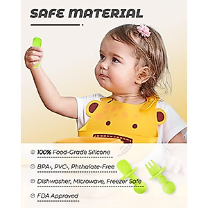 2 Pcs Baby Spoons Self Feeding 6 Months, Silicone Baby Spoons First Stage and Baby Fork, Toddler Utensils for Baby Led Weaning with 1 Case (Green))