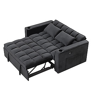 4-in-1 Multi-Functional Convertible Sofa Bed w/Cup Holder and USB Port,Velvet Upholstery Sleeper Couch Pull-Out Sofabed, 55.3'' Loveseat Chaise Lounge with Pillows for Living Room,Small Place