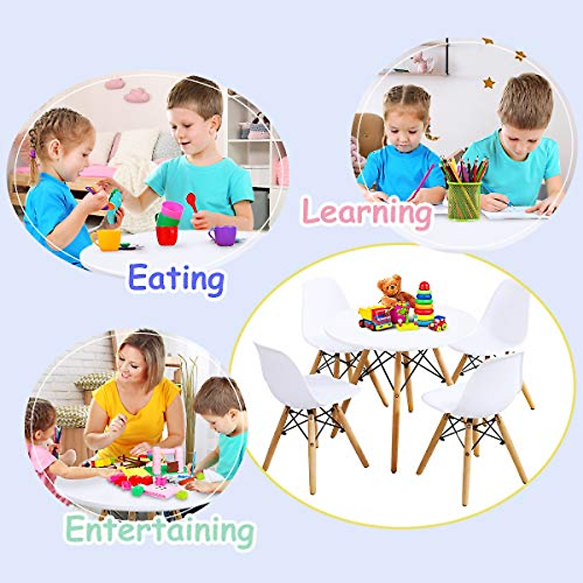 GLACER Kids Table and Chair Set, 5 Pieces Kiddie-Sized Furniture Table Set for Toddler Children, Mid-Century Modern Dining Table and Chair Set, White