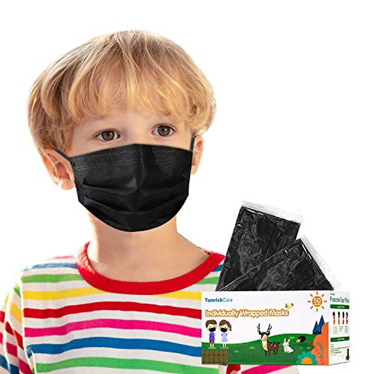TomrickCare Black Kids Disposable Face Mask 50 PCS,Individually Wrapped