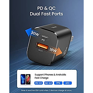 USB C Charger, SAFUEL 30W PD QC 3.0 Fast Charging 2 Ports Wall Charger [USB C+USB A], Quick Charge Power Adapter for iPhone 14 13 12 11 Pro Samsung S21 S20 Note 20 iPad Mini Google LG Tablets AirPods