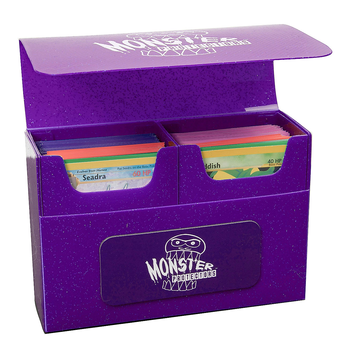 Monster Protectors Magnetic Double Deck Box - Purple Glitter, Holds 150 Gaming TCGs, Self-locking Closure, Compatible w Standard & Smaller Size Gaming Trading Cards, Removable Construction, Gift