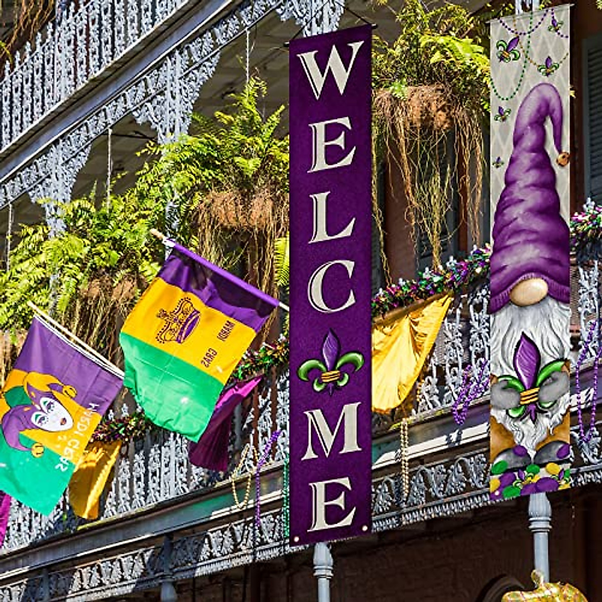 Mardi Gras Porch Banners Welcome Masquerade Gnome Door Banner with Gnome Fleur De Lis Pattern New Orleans Carnival Hanging Banners Festive Home Decorations for Indoor Outdoor Supplies (Carnival Theme)