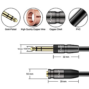 J&D 1/4 inch to 3.5mm Headphone Adapter, Heavy Duty Copper Shell Connecter Joint 3.5mm 1/8 inch Female TRS to 6.35mm Male TRS Stereo Audio Extension Cable, 6 Feet