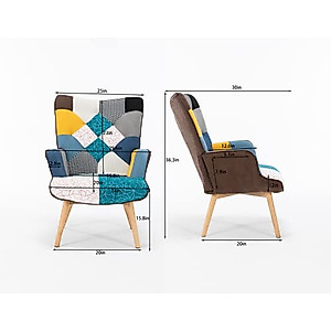 BIAYE Patchwork Solid Wood Armrest and Feet, Mid-Century Modern Accent, Fabric Sofa Chair for Living Room Bedroom Studio, Comfy Side Armchair for Bed,Antique Blue