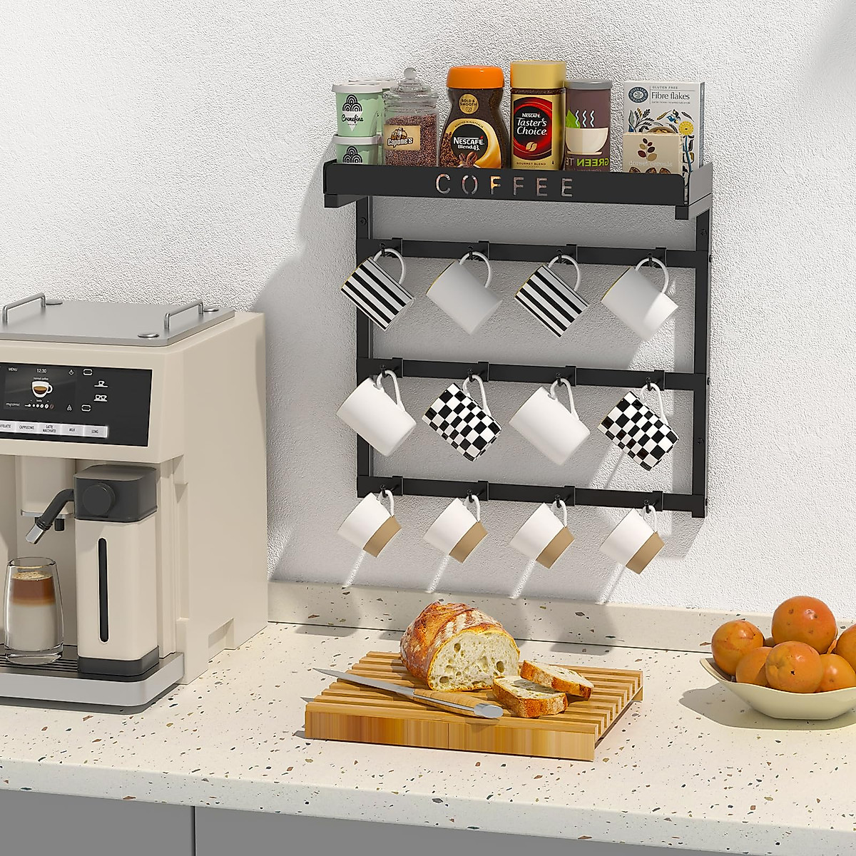 ZDDLOINP Aluminum Alloy Coffee Mug Holder Wall Mounted with 12 Movable Hooks, Coffee Cup Holder with Top Shelf for Coffee Beans, Sugar Jar, Mug Rack for Home Kitchen Display and Collection