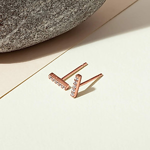 PAVOI CZ Stud Earrings: 14K Gold Plated Sterling Silver Dainty Mini Bar Stud Earrings (Rose)