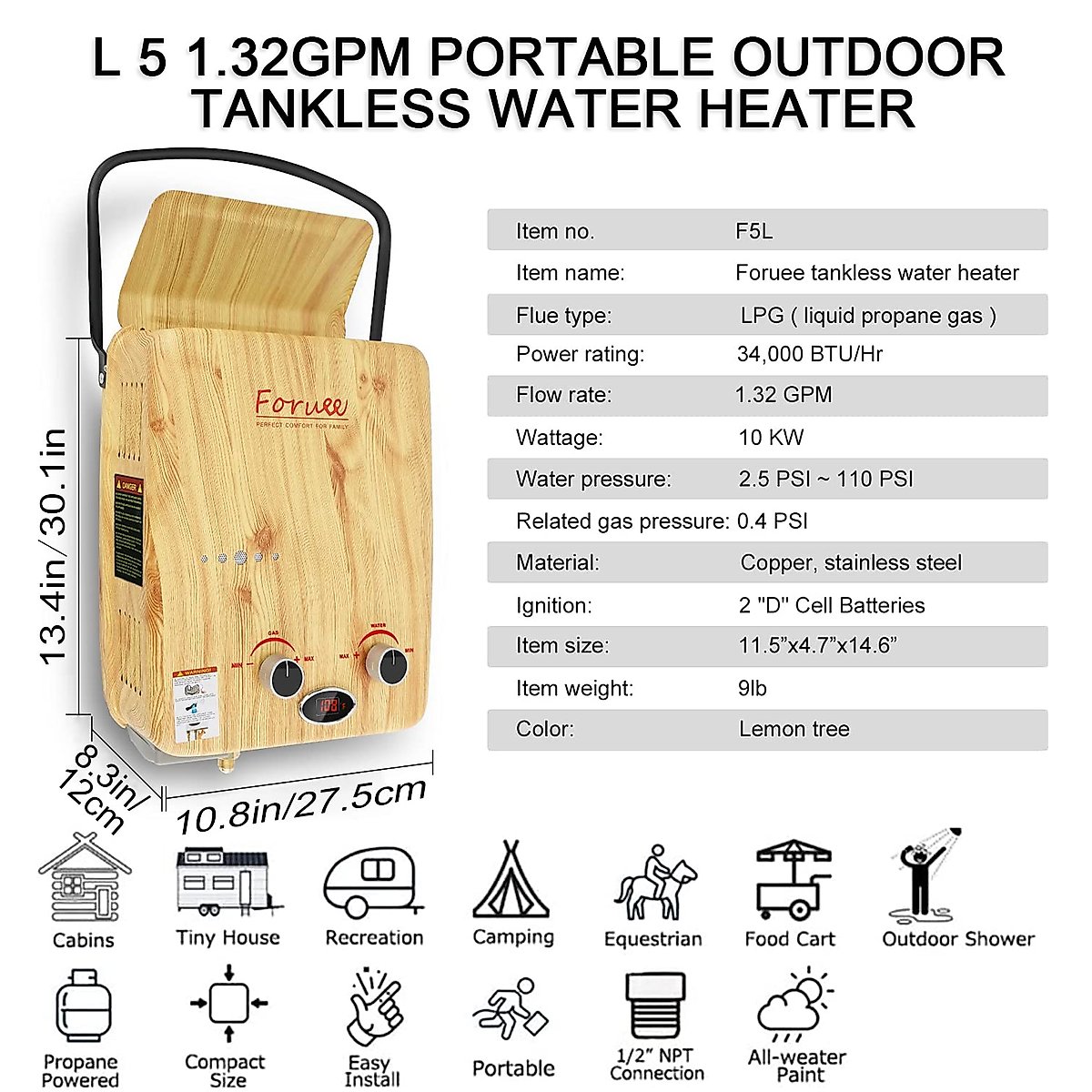 Portable Water Heater, Propane Tankless Water Heater, 1.32GPM/5Litre Capacity, 6-IN-1 Multiple Protection, 7 More Usage Scenarios, Low Pressure Startup, Lemon Tree