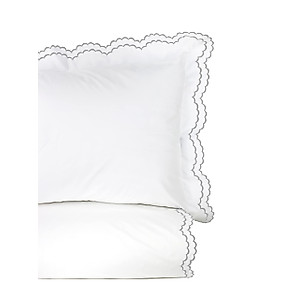 Double Scalloped Percale Weave Embroidered Full and Queen Size White Duvet Set 300 Thread Count 100% Cotton - Cool Crisp - Luxury Hotel Bedsheet - Oeko Tex Certified Deep Pocket - Gray Piping on Edges