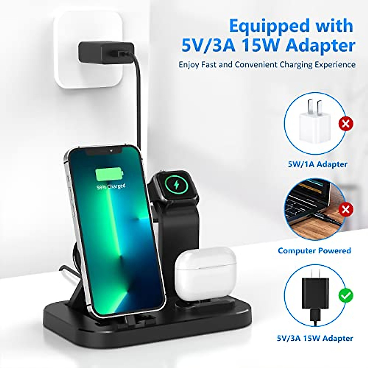 ZFW 3 in 1 Charging Station for Apple Devices with 15w Adapter Compatible with iPhone14/13/12/11/X/8/7/6/5 Series, Apple Watch Series 8/7/SE/6/5/4/3/2/1, Airpods1/2/3/Pro,Fast Charger Dock(Black)