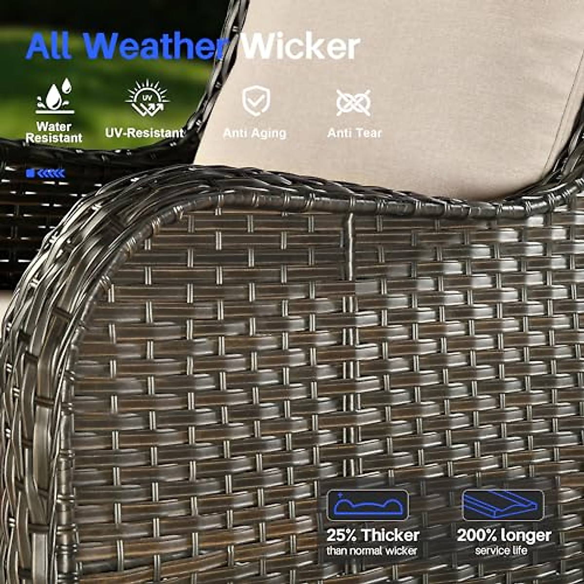XIZZI Patio Furniture Sets 7 Pieces Outdoor Swivel Rocking Chairs with 50,000 BTU Propane Fire Pit Table All Weather PE Wicker Outside Conversation Sofa Set and Matching Side Table,Brown Wicker Beige
