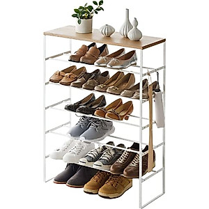Yamazaki Home 6 Tier Wood Top Steel | Shoe Rack, One Size, White