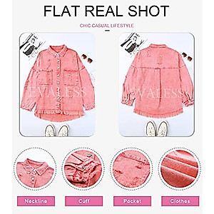 EVALESS Women's Denim Jacket Boyfriend Jean Jackets for Women Fashion 2023 Distressed Shacket Jacket Ripped Frayed Jean Shirts Business Casual Red Top Outfits with Pockets Light Stretchy Shirt,Large