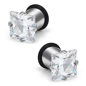 Ruifan 316L Surgical Steel Single Flare Prong Set Clear Square CZ Ear Stretcher Expander Plugs Piercing Gauge with O-Ring 0G(8mm)- Sold As a Pair