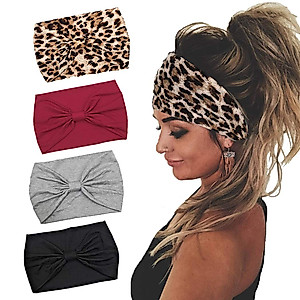 Gangel Boho Headbands Fabric Knotted Turban Head Wraps Wide Hair Scarf Cotton Yoga Running Hair Accessories for Women (Pack of 4) (Adorable)