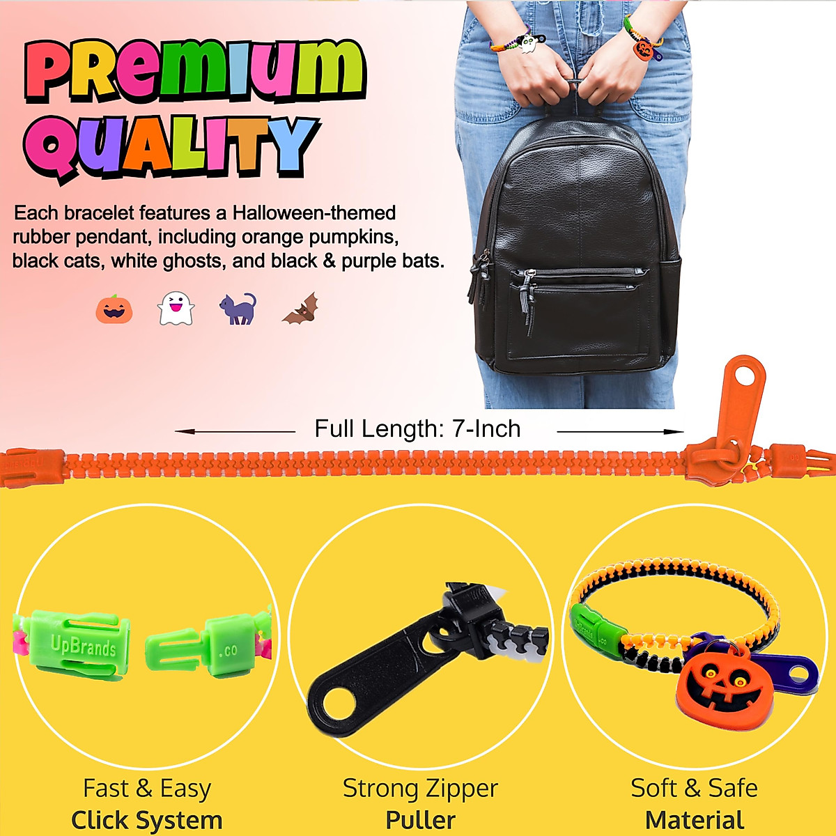 UpBrands Halloween Party Favor For Kids Zipper Bracelets Bulk Set, Kit for Birthday, Goodie Bags & Pinata Filler, Halloween Basket Stuffers, Fidget Toys, Sensory Friendship Jewelry (24 Pack)