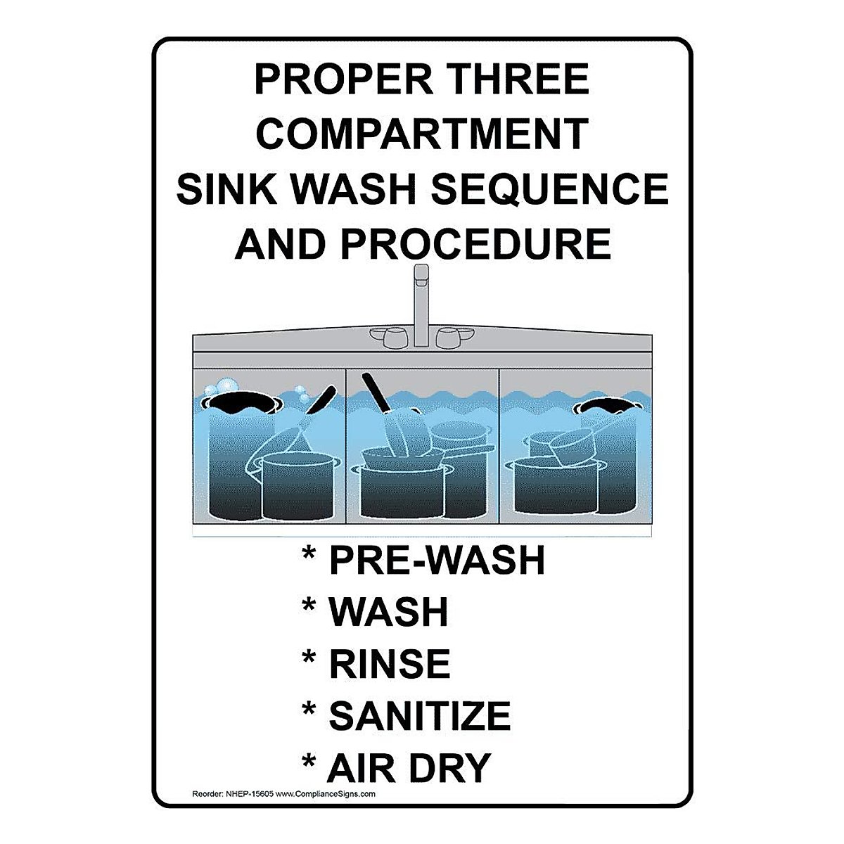 ComplianceSigns.com Vertical Proper Three Compartment Label Decal with Symbol, 5x3.5 in. 4-Pack Vinyl for Safe Food Handling