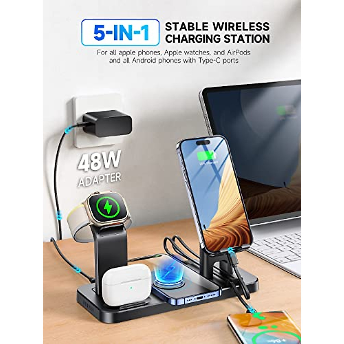 KINYELL Charging Station for Multiple Devices Apple，48W 5 in 1 Fast Wireless Charging Station for iPhone AirPods Apple Watch Charger, Gift for Men, Gift for Her Valentines Anniversary Day Black