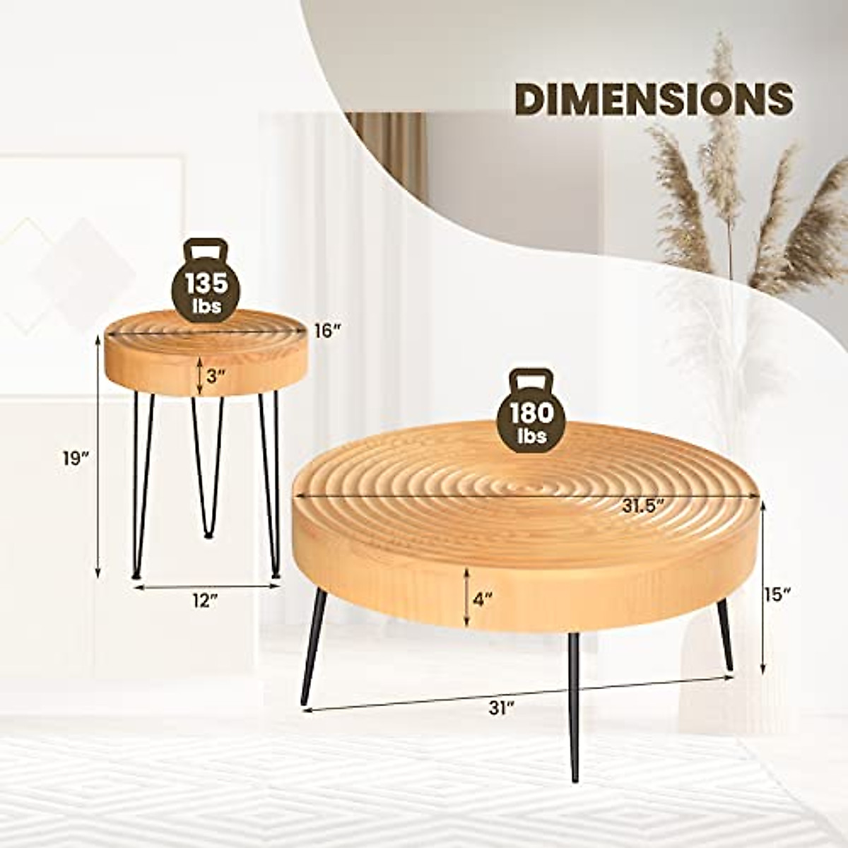 GOFLAME Round Coffee Table Set of 2, Farmhouse Boho End Tables with Natural Finish & Wood Ring Motif, Solid Wood Nesting Side Tables with Metal Legs & Adjustable Foot Pads for Living Room, Bedroom