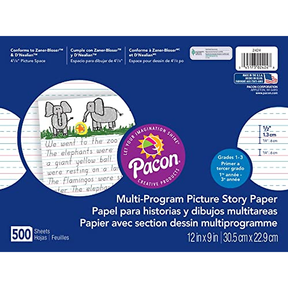 Pacon Multi-Program Picture Story Paper, 12"X9", D'Nealian (1, 2 & 3) and Zaner-Bloser (2&3), 500 Sheets, White