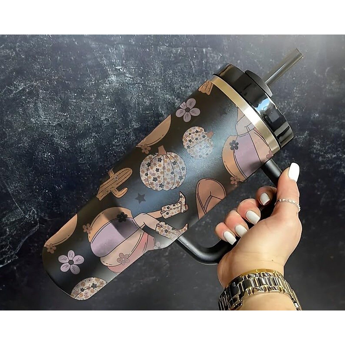 VTER Western Halloween Tumbler 40oz With Handle and Straw, Howdy Ghouls 40oz Tumbler, Cowgirl 40oz Stainless Steel Tumbler, Halloween Cup, Insulated Stainless Steel Tumbler (V2 pink dusk)