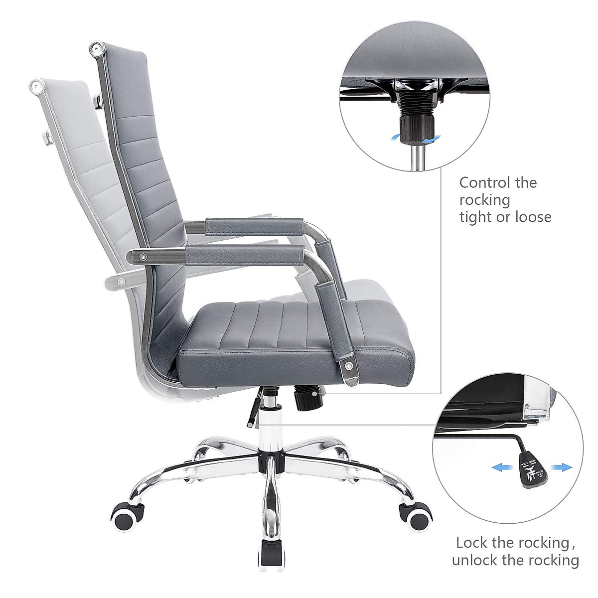 KaiMeng Ribbed Office Desk Mid Back Computer Chair Height Adjustable Conference Executive Task Swivel PU Leather (Grey)
