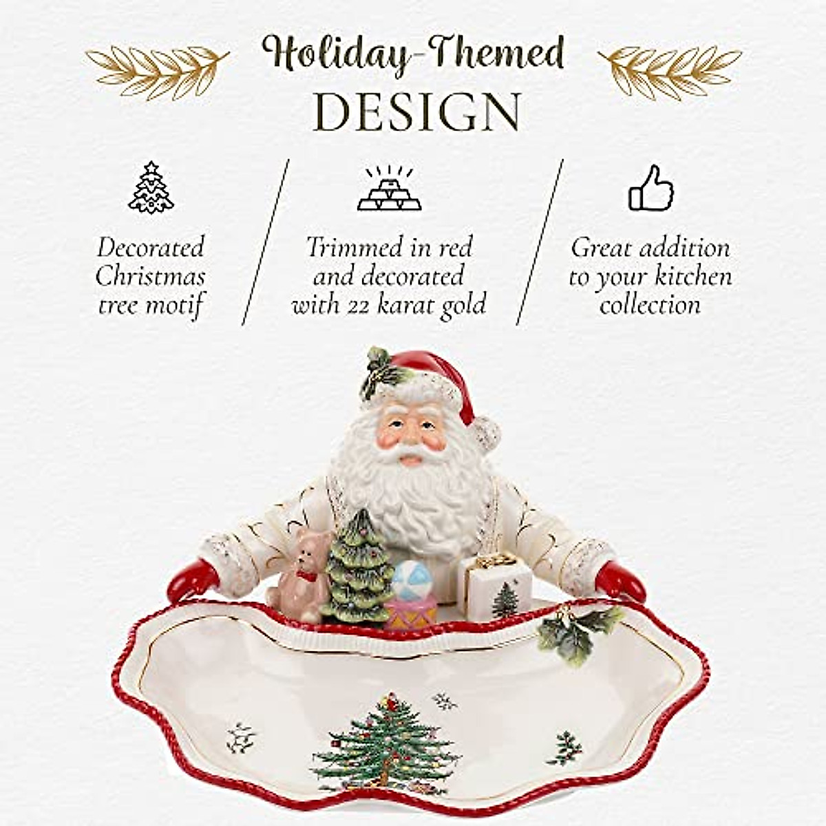 Spode Christmas Tree Gold Collection, Figural Santa Dish, Gold, Holiday Décor, Decoration for Mantel, Candy Bowl, Made of Fine Earthenware, 12.25-Inch