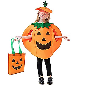 Halloween Kids Pumpkin Costume, 3 PCS Pumpkin Cosplay Set For Boys Girls Included Pumpkin Tote Bag（9.8 x 11.8 inch)