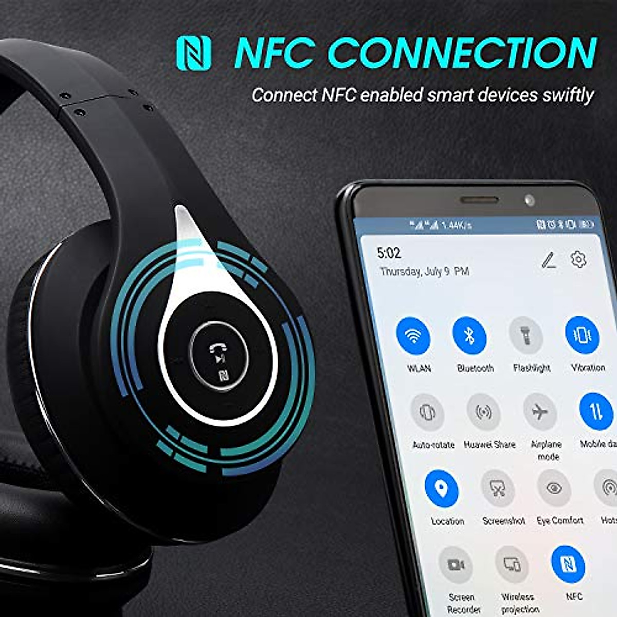 August EP640 Bluetooth Headphones - Wireless Over Ear Headphones with aptX / NFC / 3.5mm Audio In / Headset Microphone - Black