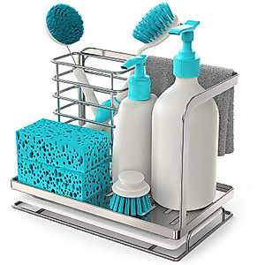 FavoThings Kitchen Sink Caddy Sponge Holder Dish Brush Storage with Drain Tray, SUS304 Stainless Steel, Countertop Sponge Brush Rags Soap Holder, Silver