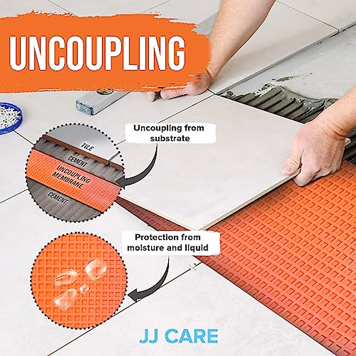JJ CARE Uncoupling Membrane 1/8 Underlayment [3.3ft x 32.8ft / 108sq ft] - Anti-Fracture Tile Underlayment Roll, Crack Prevention Membrane, Uncoupling Membrane for Under Tile, Bathroom Wall & Floor