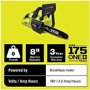 Ryobi ONE+ 10 in. HP 18V Brushless Lithium-Ion Electric Cordless Battery Chainsaw - 4.0 Ah Battery and Charger Included