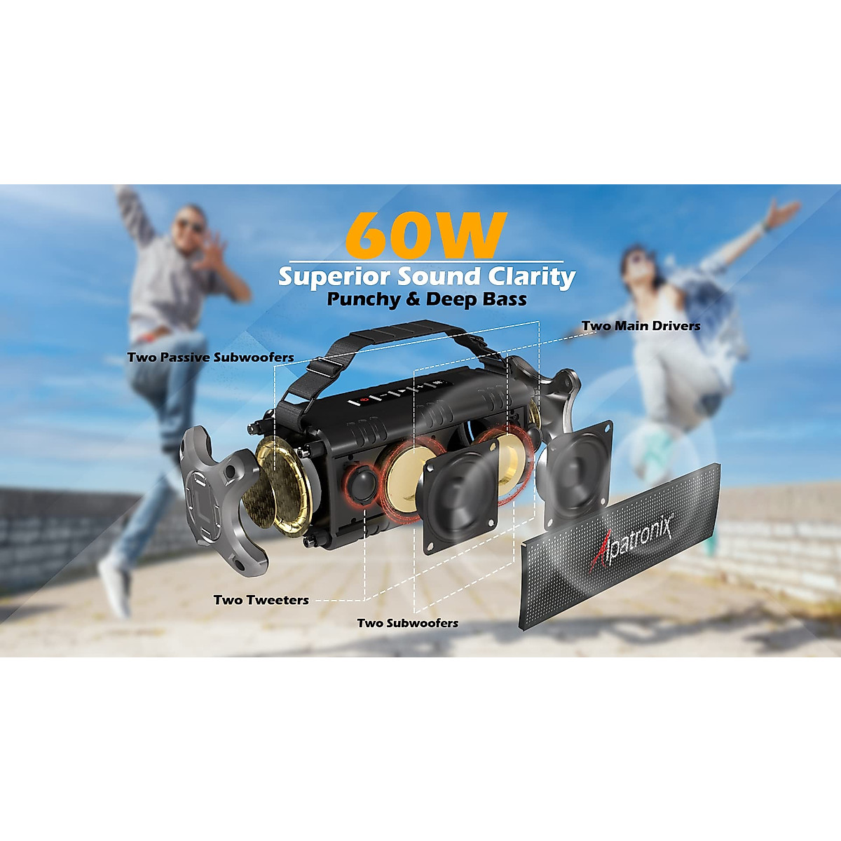 Alpatronix Bluetooth Speaker 60W(80W Max), IPX6 Waterproof, Portable Wireless, 8000mAh Power Bank, Handsfree, Shockproof, TWS, DSP, Stereo, Subwoofer, TF Card, NFC, AX500, Indoor&Outdoor –Black Gray