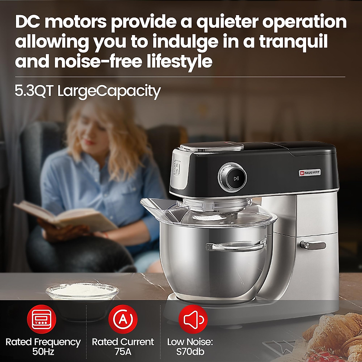 HAUSWIRT Electric Stand Mixer, LED Household Stand Mixers, 5.3QT Electric Food Mixer Stand, 11Speeds 3-IN-1 Kitchen Stand Up Mixers with Stainless Steel Egg Whisk, Dough Hook, Flat Beater, Black