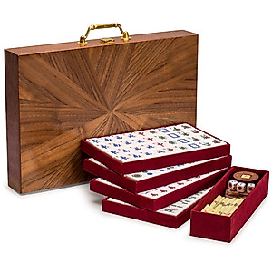 Yellow Mountain Imports Classic Chinese Mahjong Game Set, Champagne Gold - with 148 Medium Size Tiles and a Wooden Case - for Chinese Style Game Play