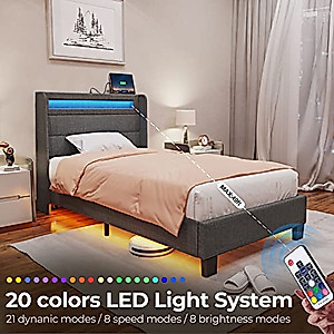 Rolanstar Bed Frame Twin Size with Headboard, Upholstered Platform Bed Frame Twin with LED Lights and USB Ports, Motion Activated Night Light & Solid Wood Slats, No Box Spring Needed, Dark Grey