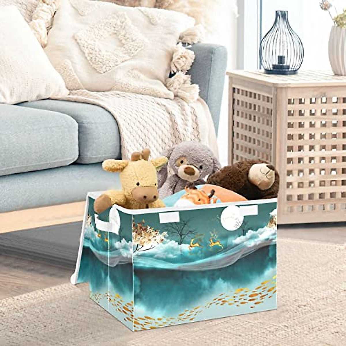 RunningBear 3d Illustration Deer Forest Large Storage Bins with Lid Collapsible Storage Bin Cubes Boxes Cute Bin for Home Office
