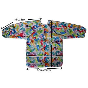 MUMBABY Baby Bib Sleeved Shirt with Pocket 1-3 Years Old Toddler Smock, Waterproof and Washable (White Feather