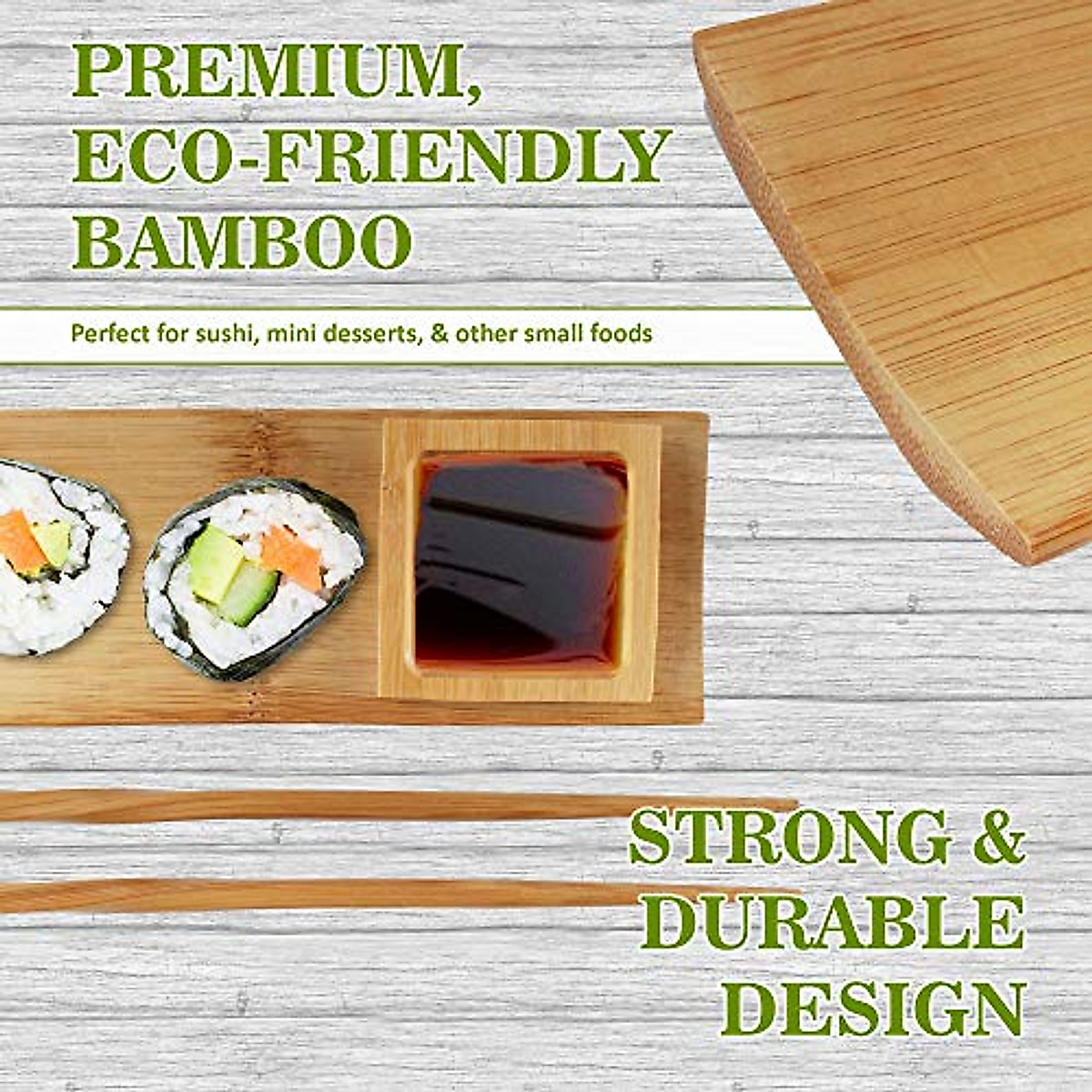 BambooMN 6 Piece, 2 Sets of 7" Reusable, Eco-Friendly, Carbonized Brown Bamboo Sushi Serving Plates/Trays: Chopsticks, and Soy Sauce Dishes Included!