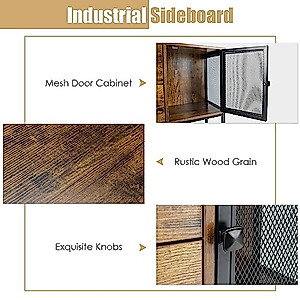 QZWCQ Buffet Storage Cabinet, 39" Kitchen Sideboard with Open Shelf, Industrial Buffet Sideboard Kitchen Cupboard with Metal Mesh Doors & 2 Drawers for Kitchen Hallway Entry Living Room Dining Room