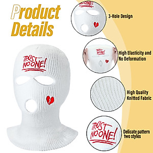 Handepo 2 Pcs 3 Hole Ski Mask Winter Warm Balaclava Full Face Knit Mask Ski Hat Mask Knitted Full Face Cover for Men Women(White, Black, Heart Style)