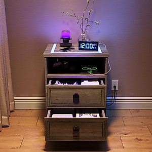 Nightstand with Strip Lights,USB Outlets Set of 2, Night Stand with Drawers, Accent Bed Side Table and End Table with Open Storage for Bedroom, Living Room,Gray