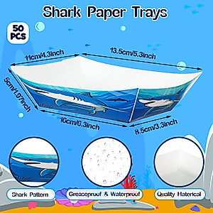 100 Pcs Shark Party Supplies Serves 50, Shark Paper Food Trays Food Boats with Wax Paper Sheets for Birthday Party Shark Party Favors Decoration