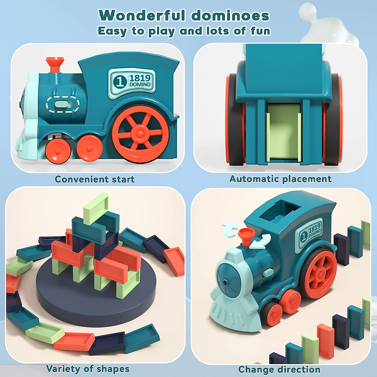 Noaideoi Domino Train Toy Set for Kids, 100 Pcs Automatic Dominoes Blocks Building and Stacking Toys Creative Kids Games Early Education Christmas Birthday Gift Boys Girls Age 3-12(Cyan)