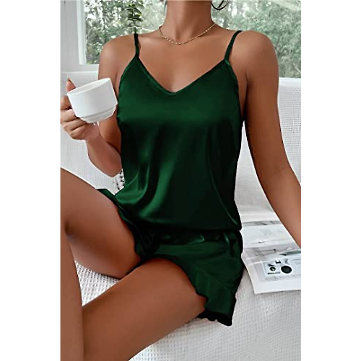 FOSHPOT Silk Pajamas for Women Satin Pajamas Women with Cami Top Ruffle Shorts Pjs Sets Sexy Softer Bridal Gifts Green